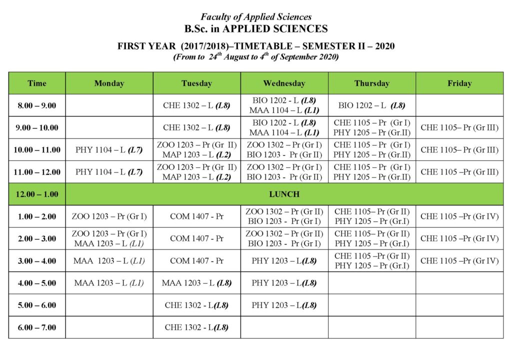 Academic Calendar and Timetables – Faculty of Applied Sciences