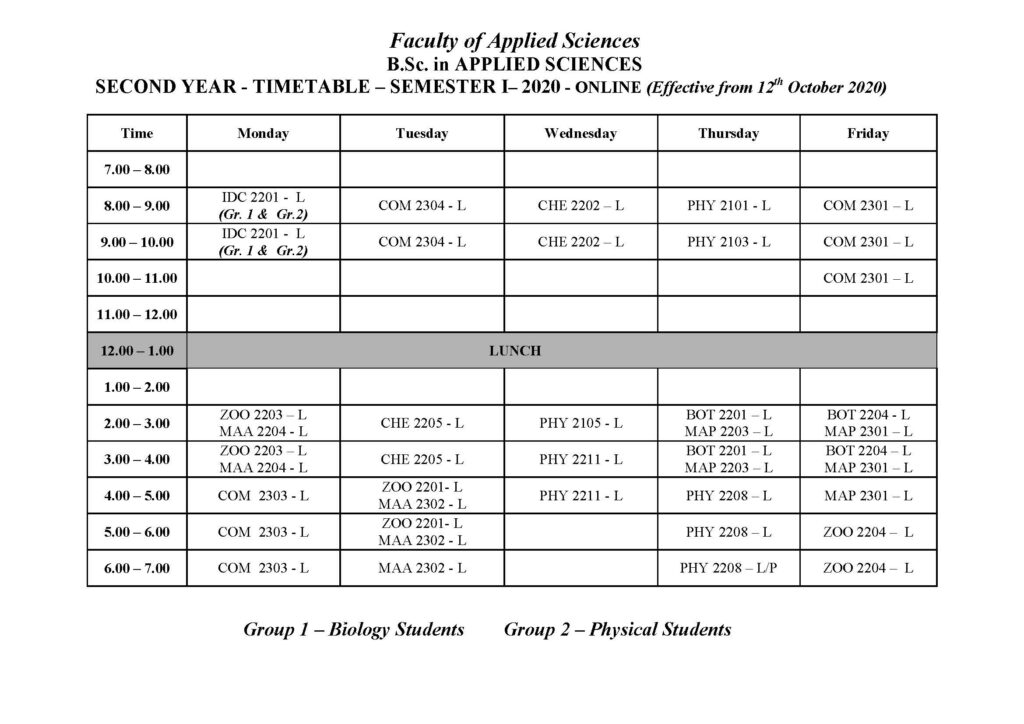 Academic Calendar and Timetables – Faculty of Applied Sciences