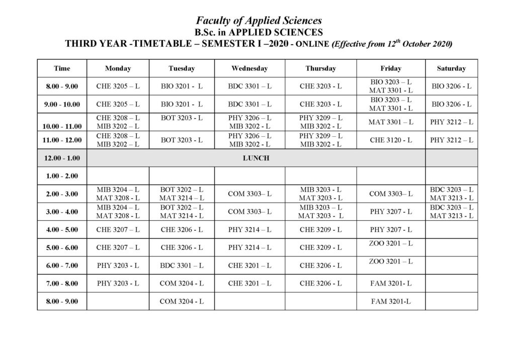 Academic Calendar and Timetables – Faculty of Applied Sciences