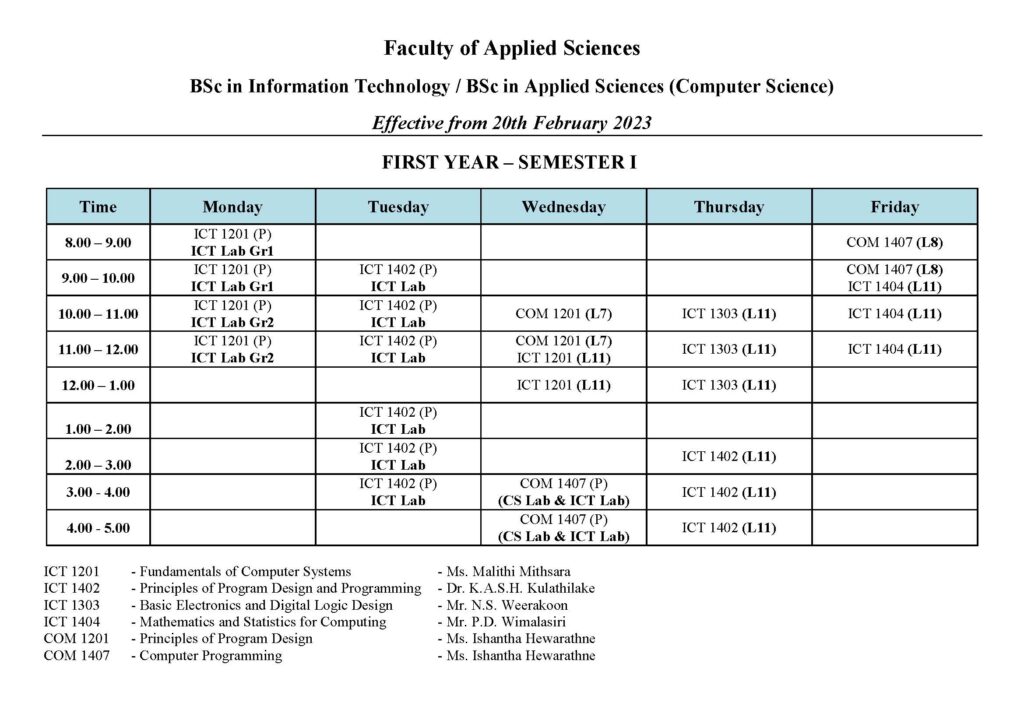 Timetable 2023 – Semester 1 – IT/CS - Faculty of Applied Sciences