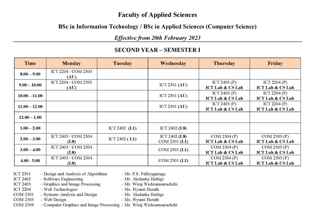 Timetable 2023 – Semester 1 – IT/CS - Faculty of Applied Sciences
