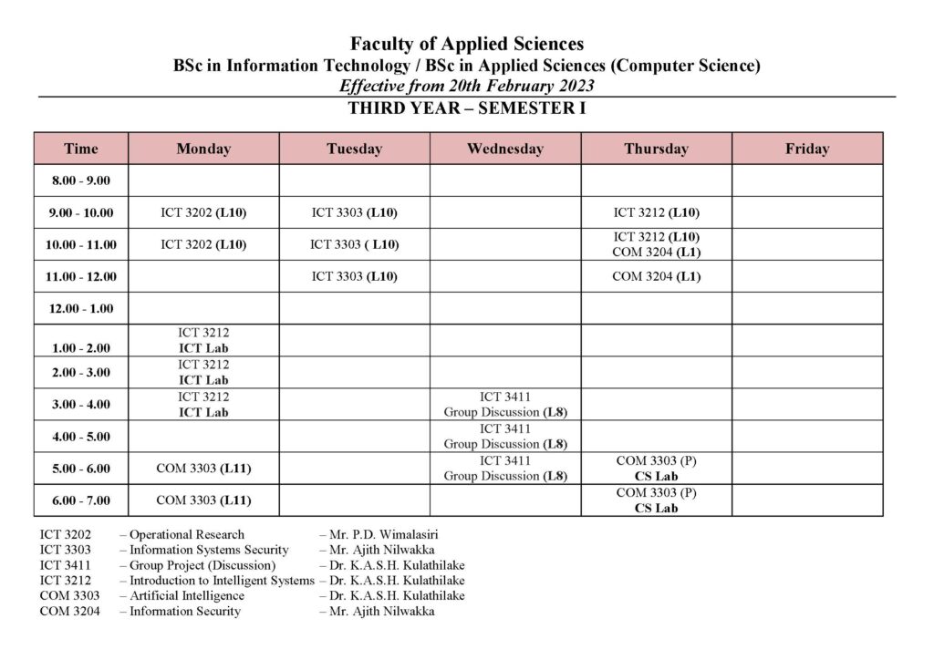 Timetable 2023 – Semester 1 – IT/CS - Faculty of Applied Sciences
