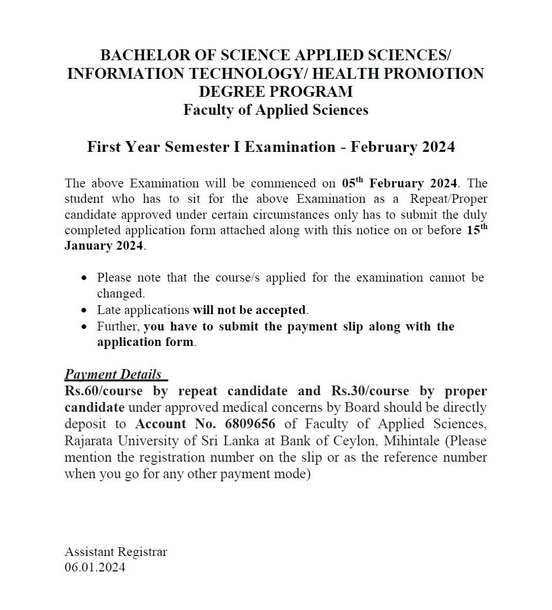 First Year Semester I Examination – February 2024 Repeat Application ...