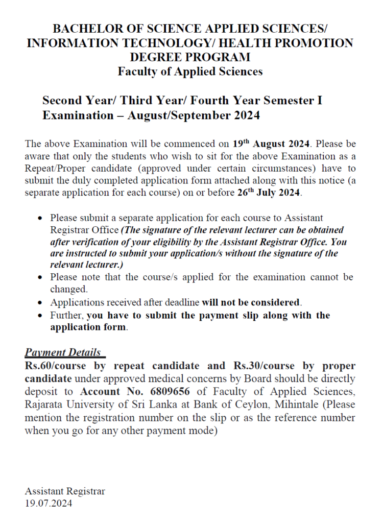 Second Year/ Third Year/ Fourth Year Semester I Examination – August ...